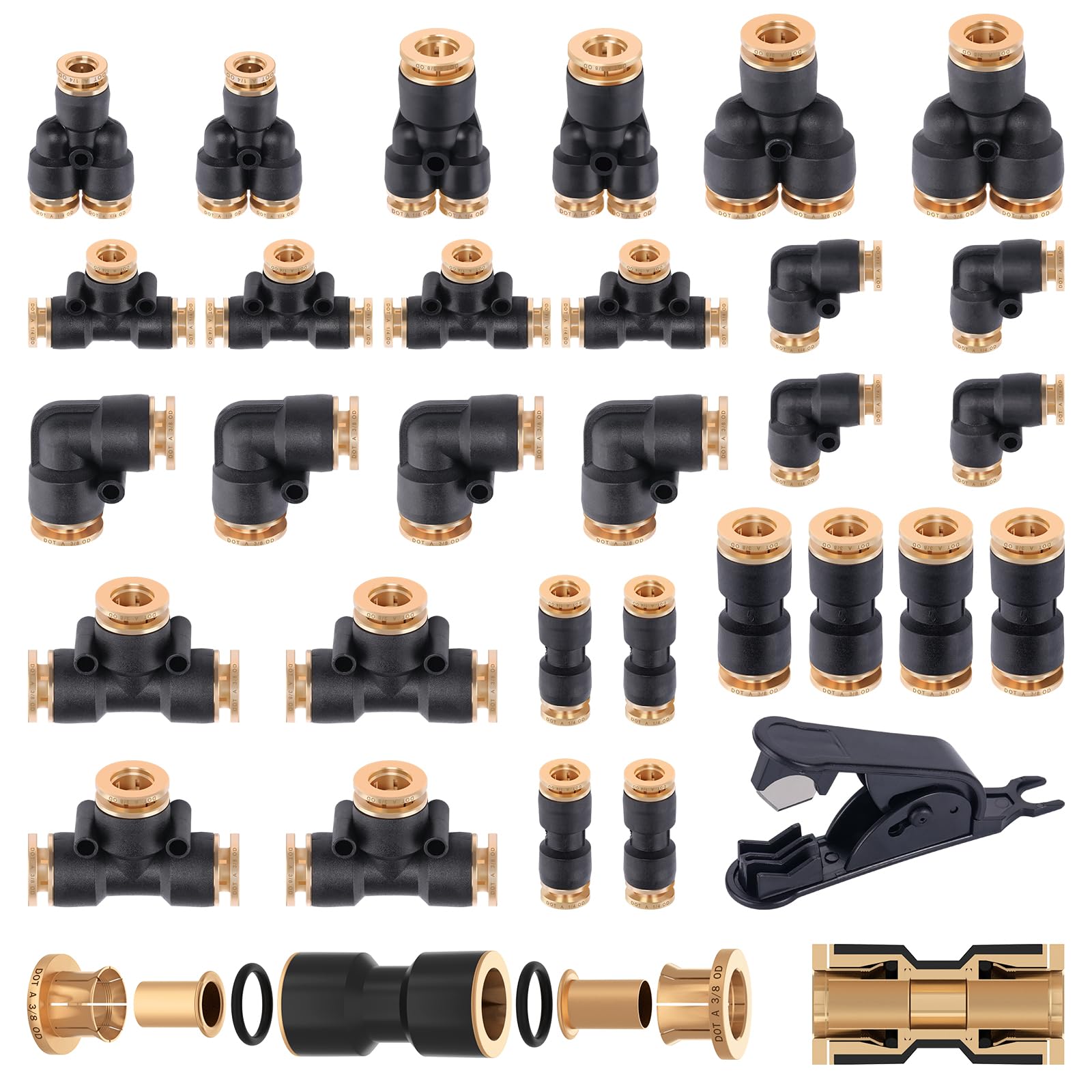 CheeMuii 31 PCS DOT Air Brake Line Fittings 1/4" 3/8" Push to Connect Fittings Quick Connect Air Hose Fittings Repair Kit for Truck or Industrial Air System