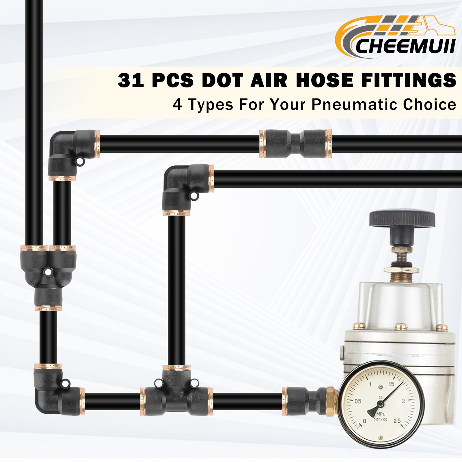 CheeMuii 31 PCS DOT Air Brake Line Fittings 1/4" 3/8" Push to Connect Fittings Quick Connect Air Hose Fittings Repair Kit for Truck or Industrial Air System