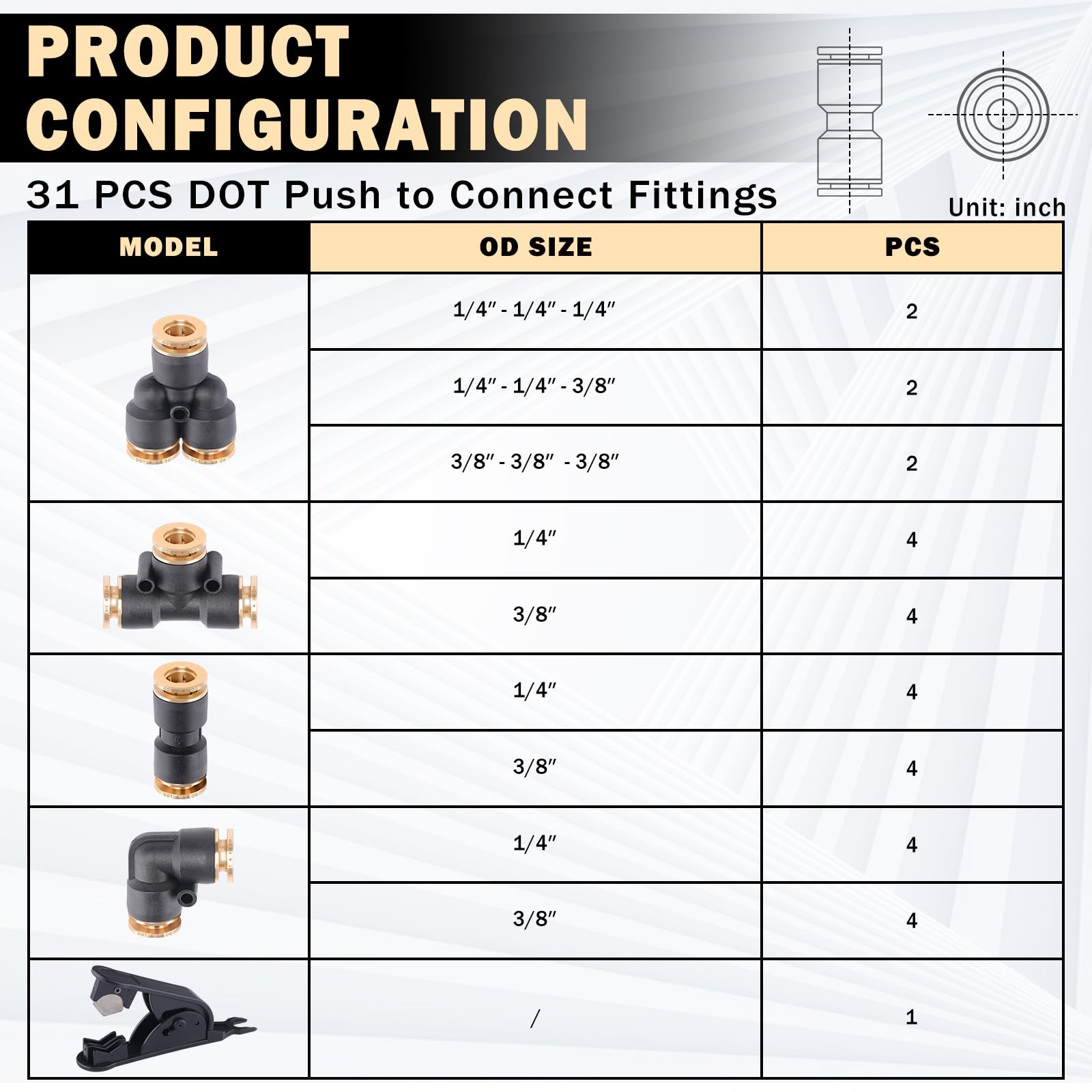 CheeMuii 31 PCS DOT Air Brake Line Fittings 1/4" 3/8" Push to Connect Fittings Quick Connect Air Hose Fittings Repair Kit for Truck or Industrial Air System