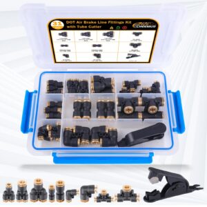 CheeMuii 31 PCS DOT Air Brake Line Fittings 1/4" 3/8" Push to Connect Fittings Quick Connect Air Hose Fittings Repair Kit for Truck or Industrial Air System