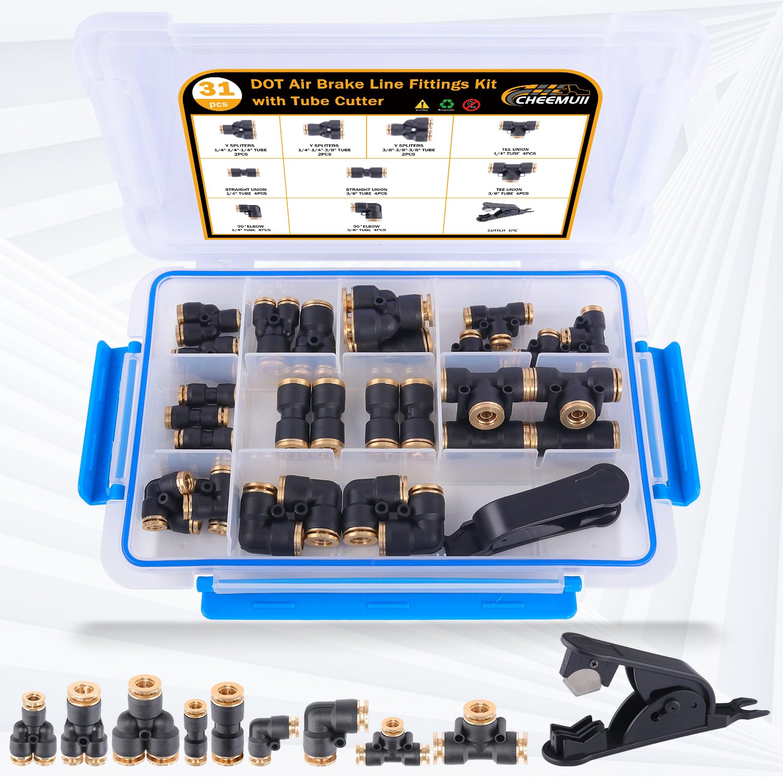 CheeMuii 31 PCS DOT Air Brake Line Fittings 1/4" 3/8" Push to Connect Fittings Quick Connect Air Hose Fittings Repair Kit for Truck or Industrial Air System