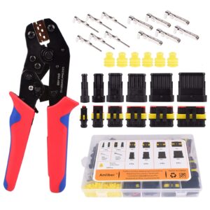 amliber 798pcs 43 kits waterproof automotive wire connectors with ratcheting wire crimper, 1/2/3/4/5/6 pin automotive electrical connectors with wire crimping tool kit