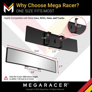 Mega Racer Car Rear View Mirror, Clear Convex, 10.6" 270mm Panoramic Rear View Mirror Accessories, Wide Angle Blindspot Mirror For Car, Rubber Clip On, Universal Rearview Mirror, Truck Accessories