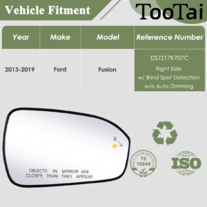 Tootai Passenger Side Replacement Mirror Glass - compatible with Ford vehicles - Fusion 2013-2019 - heated with Blind Spot Detect, w/o Auto Dimming