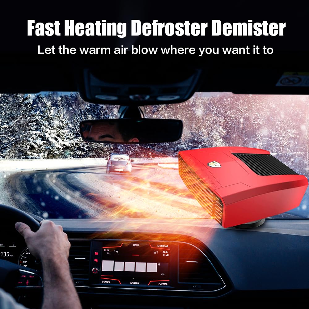 KUTUKU Car Defogger Defroster 2-in-1 Portable Car Fan with Air Purification 12V 150W Fast Heating Quickly Auto Heater Cooling Fan Automobile Windscreen Fan in Cigarette Lighter （Red）