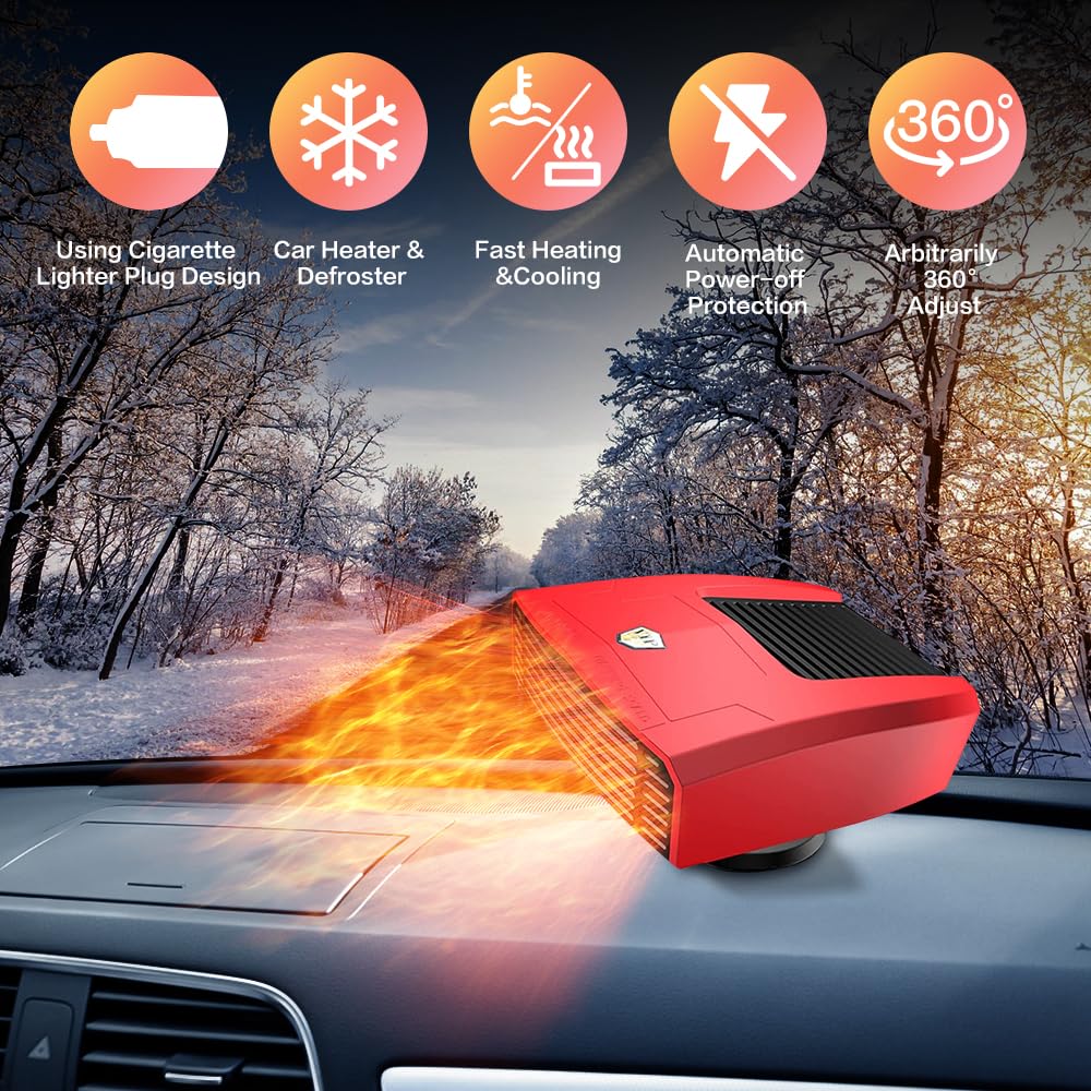 KUTUKU Car Defogger Defroster 2-in-1 Portable Car Fan with Air Purification 12V 150W Fast Heating Quickly Auto Heater Cooling Fan Automobile Windscreen Fan in Cigarette Lighter （Red）