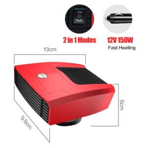 KUTUKU Car Defogger Defroster 2-in-1 Portable Car Fan with Air Purification 12V 150W Fast Heating Quickly Auto Heater Cooling Fan Automobile Windscreen Fan in Cigarette Lighter （Red）