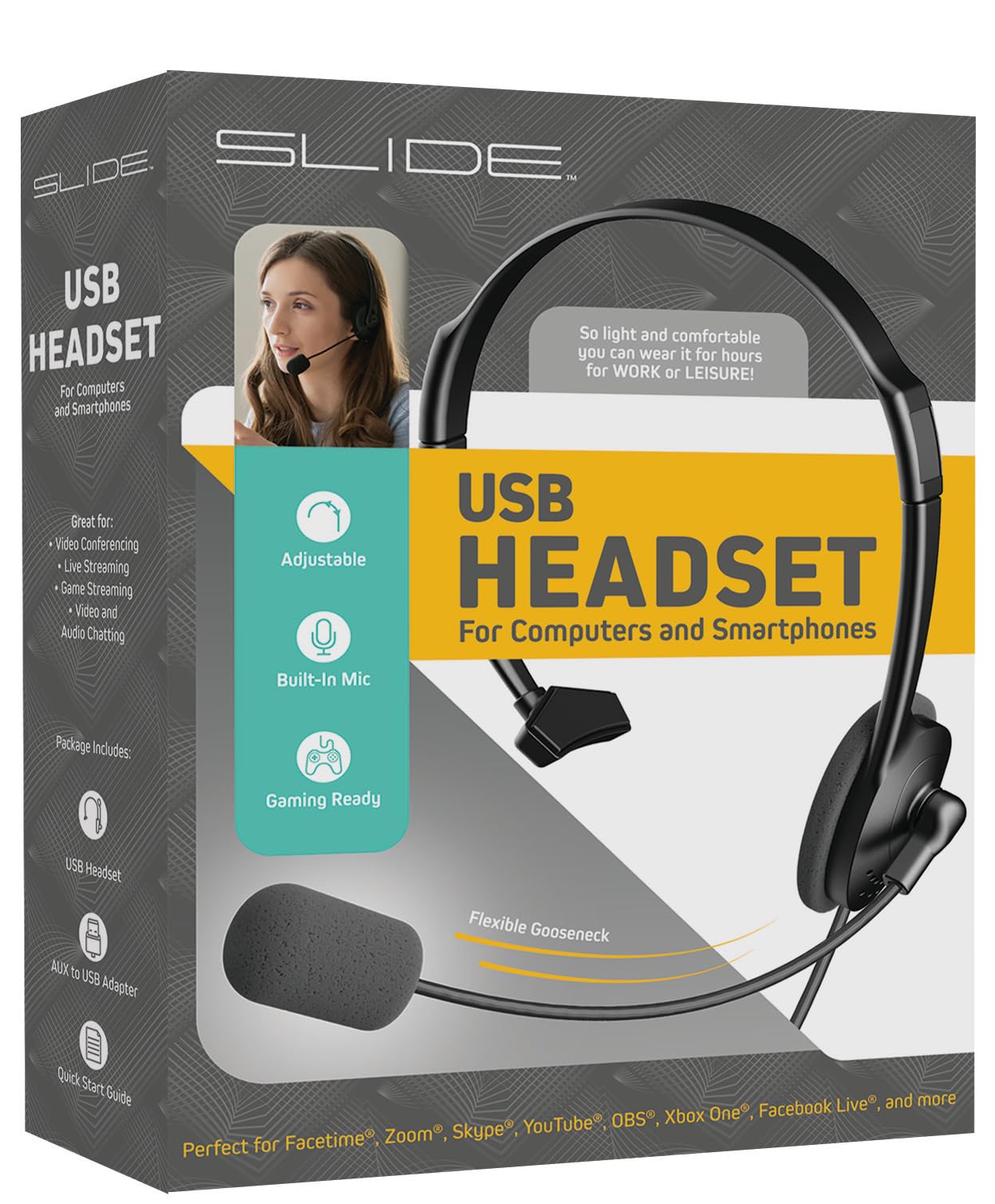 SLIDE Premium Wired Headset for Computers & Smartphones | Flexible Boom Mic | Dual Adapter Mic & Audio Splitter | On-Cord Volume Control | 3.5mm Connector | Home, Office & Gaming Headphones