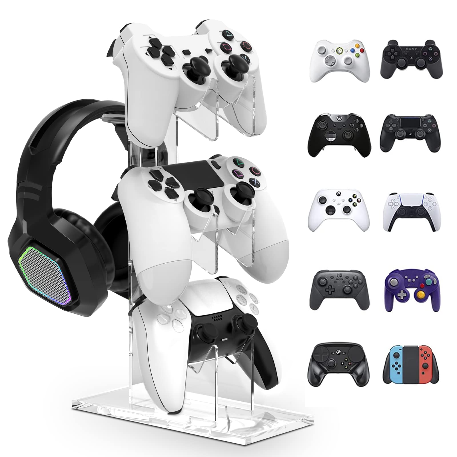 Wedorat Universal 3 Tier Controller Stand and Headset Holder Game Accessories Storage Bracket Gaming Accessories for PS5 PS4 Controller Holder Headset Stand Crystal Clear