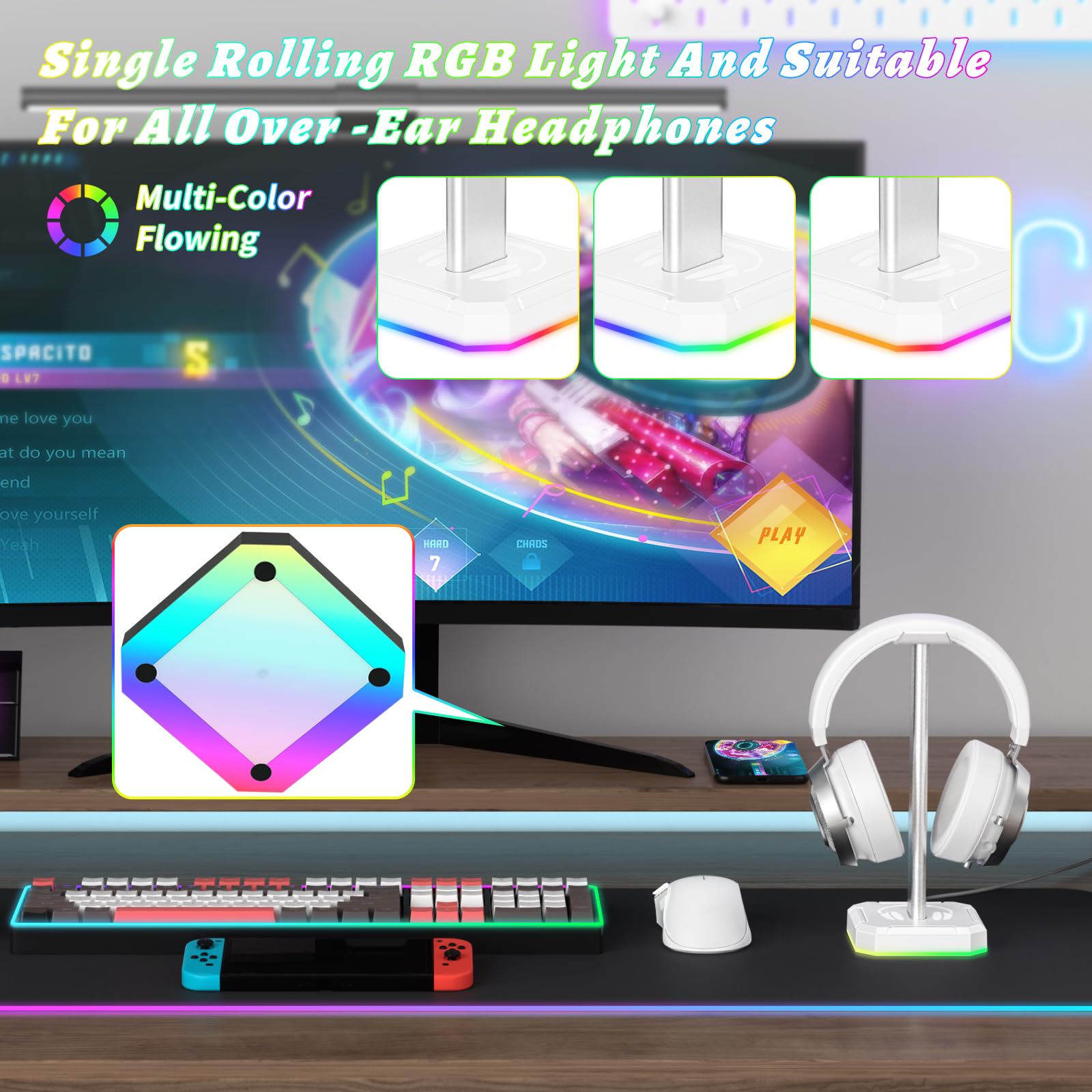 TuparGo White Headphone Stand,Desk RGB Lights Headset Holder,Suitable for All Over-Ear Headphone (White, Only RGB Light)