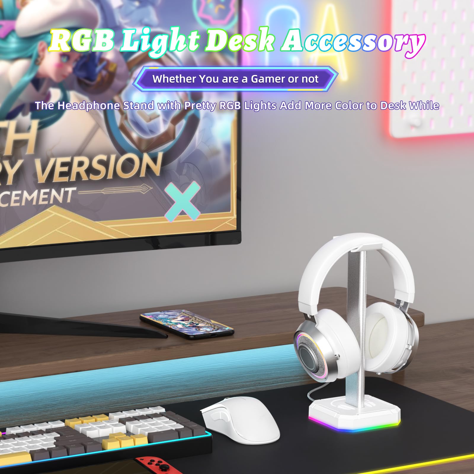 TuparGo White Headphone Stand,Desk RGB Lights Headset Holder,Suitable for All Over-Ear Headphone (White, Only RGB Light)