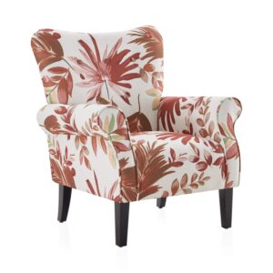 belleze modern accent chair for living room, high back floral armchair with wooden legs, upholstered wingback side chair padded armrest single sofa for living room, bedroom - allston (red floral)