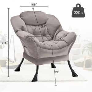 Congermom Fabric Lazy Chair Large Accent Chair,Velvet Frabic Modern Lounge Reading Chair with Armrests & Side Pocket,Upholstered Armchair for Living Room,Bedroom,Dorm,Light Grey