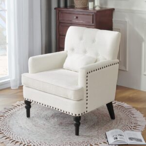 Accent Chair, Arm Chair，Living Room Upholstered Chair, Tufted Upholstered Sofa Club Chair for Bedroom, Comfy Reading Chair for Reception Room (White)