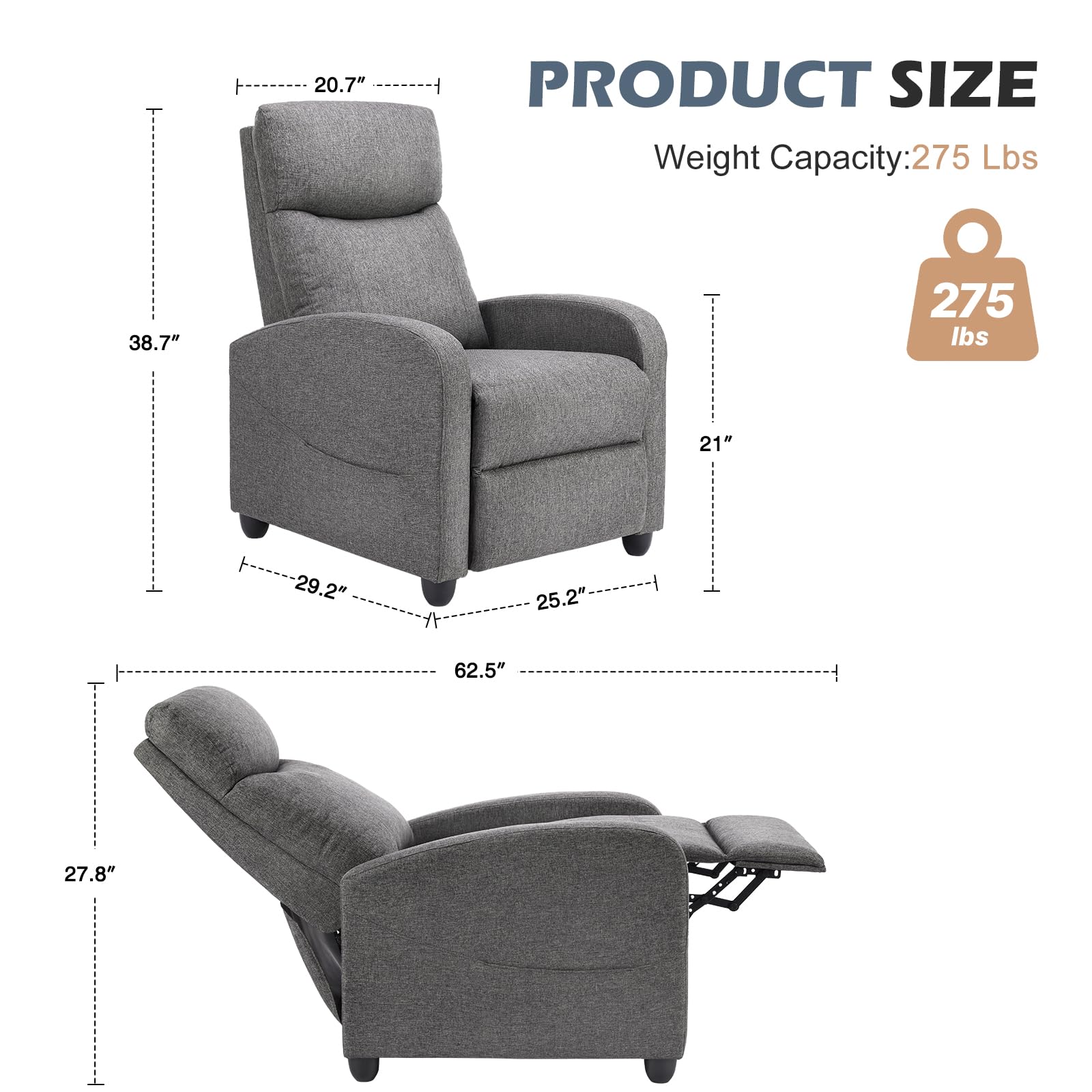 Sweetcrispy Recliner Chair for Adults, Massage Fabric Small Recliner Home Theater Seating with Lumbar Support, Adjustable Modern Reclining Chair with Padded Seat Backrest for Living Room (Grey)