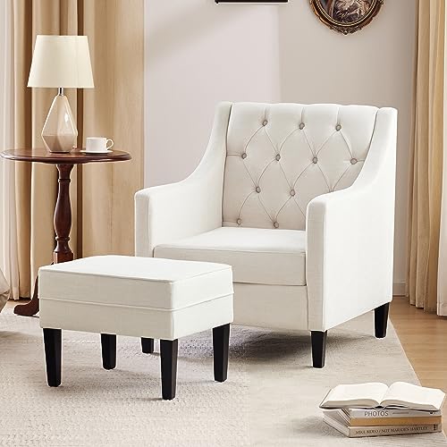 HUIMO Accent Chair with Ottoman,Upholstered Living Room Chairs and Ottoman Set,Reading Chair for Bedroom,Tufted Armchair with Solid Wood,Mid Century Sofa Chair,Comfy Club Chair (Beige Set)