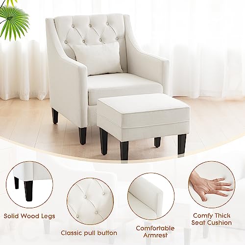 HUIMO Accent Chair with Ottoman,Upholstered Living Room Chairs and Ottoman Set,Reading Chair for Bedroom,Tufted Armchair with Solid Wood,Mid Century Sofa Chair,Comfy Club Chair (Beige Set)