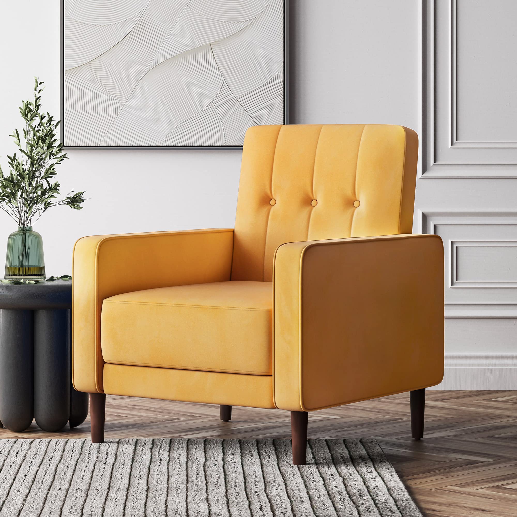 BELLEZE Accent Chairs for Living Room, Mid Century Modern Armchair Velvet Upholstered Comfy Side Chair Button Tufted Back Lounge Reading Chair for Bedroom - Valencia (Yellow)