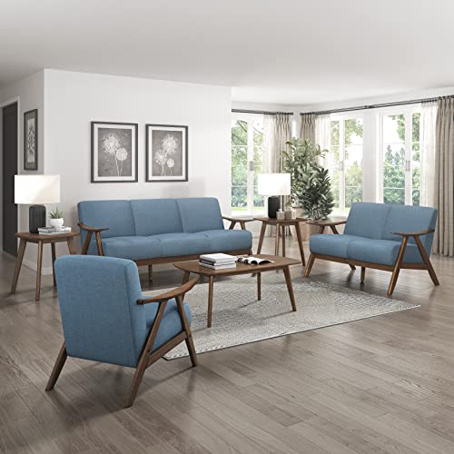 Lexicon Mid Century Modern Accent Chair with Solid Wood Frame in Walnut Finish, Upholstered Living Room Lounge Arm Chair, Thick and Comfy Innerspring Seat Cushion, Linen-Look Fabric, Blue