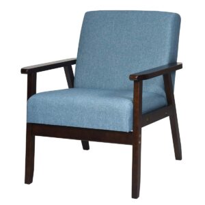 giantex mid-century modern accent chair, retro fabric armchair, solid hardwood made, upholstered linen lounge arm chair for living room (1, blue)