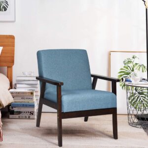 Giantex Mid-Century Modern Accent Chair, Retro Fabric Armchair, Solid Hardwood Made, Upholstered Linen Lounge Arm Chair for Living Room (1, Blue)