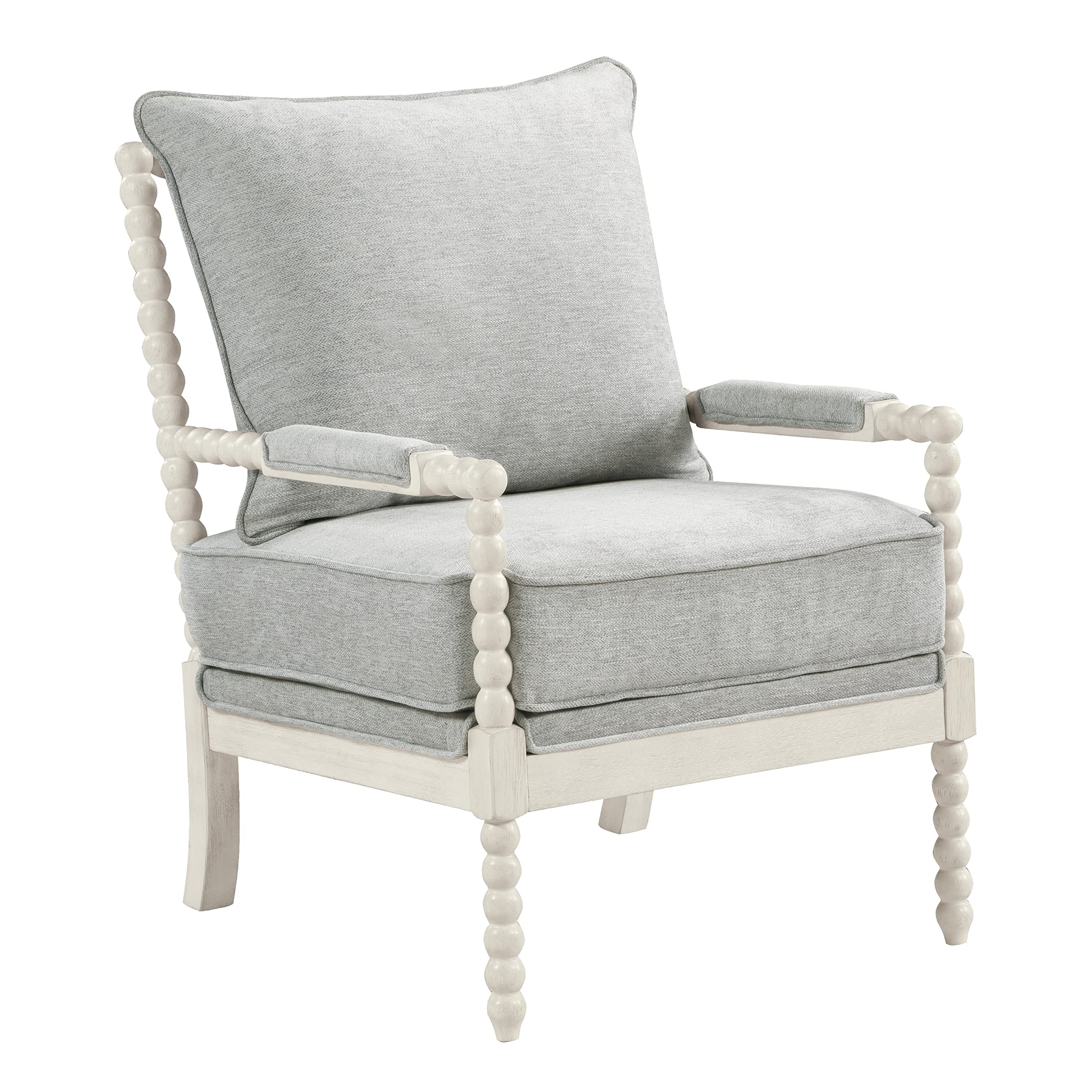 OSP Home Furnishings Kaylee Spindle Accent Chair with Antique White Wood Frame, 26.5” W x 32.25” D x 37” H, Smoke Grey Fabric