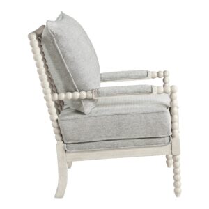 OSP Home Furnishings Kaylee Spindle Accent Chair with Antique White Wood Frame, 26.5” W x 32.25” D x 37” H, Smoke Grey Fabric