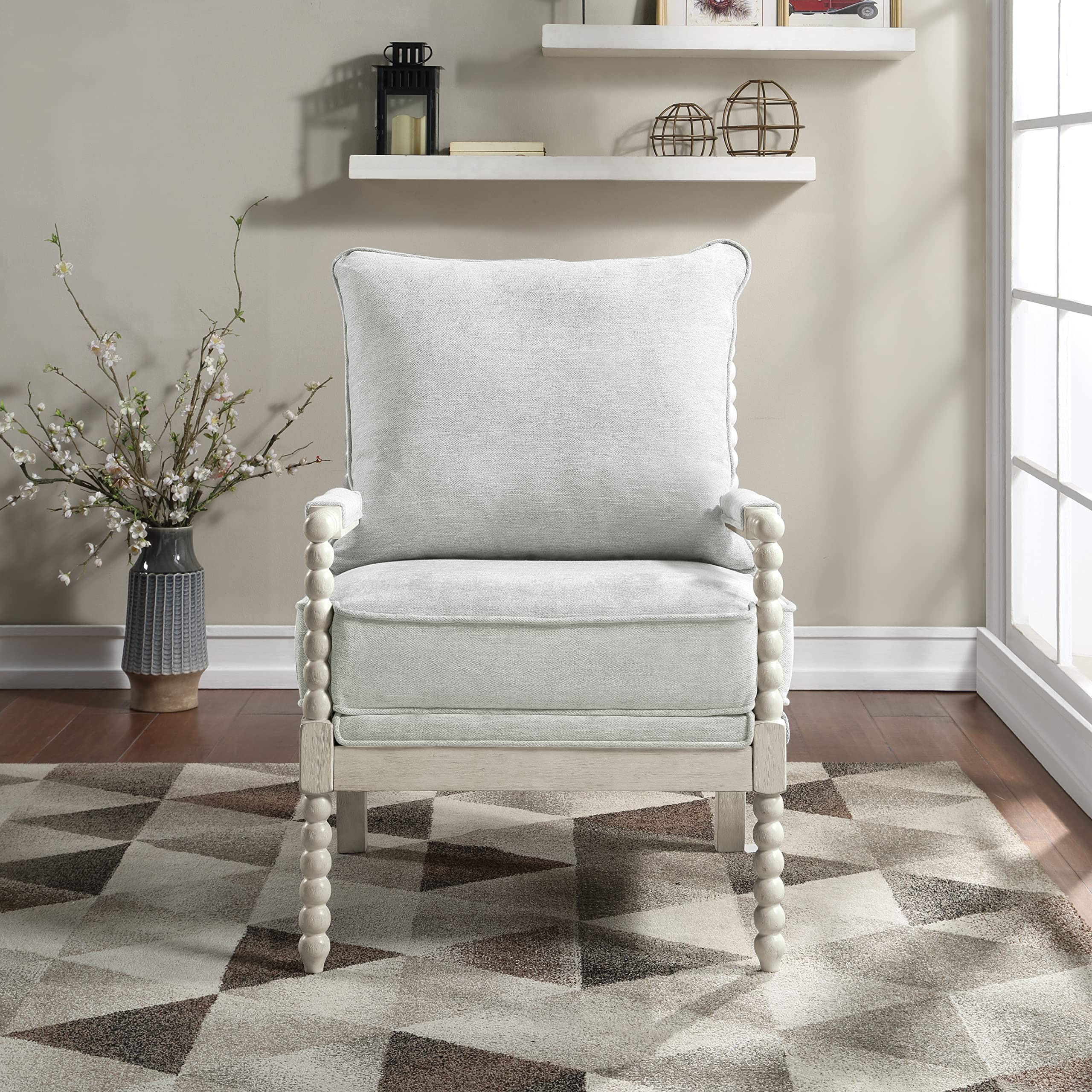 OSP Home Furnishings Kaylee Spindle Accent Chair with Antique White Wood Frame, 26.5” W x 32.25” D x 37” H, Smoke Grey Fabric