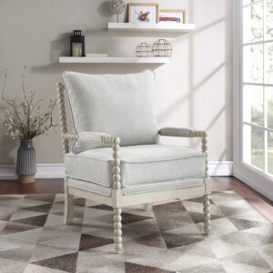 OSP Home Furnishings Kaylee Spindle Accent Chair with Antique White Wood Frame, 26.5” W x 32.25” D x 37” H, Smoke Grey Fabric