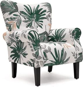 mellcom mid century wingback arm chair,modern upholstered fabric high back accent chair with wood legs,upholstered single sofa club chair for living room, bedroom, home office, green leaves