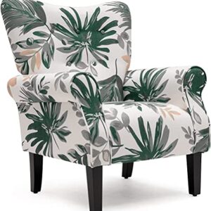 MELLCOM Mid Century Wingback Arm Chair,Modern Upholstered Fabric High Back Accent Chair with Wood Legs,Upholstered Single Sofa Club Chair for Living Room, Bedroom, Home Office, Green Leaves