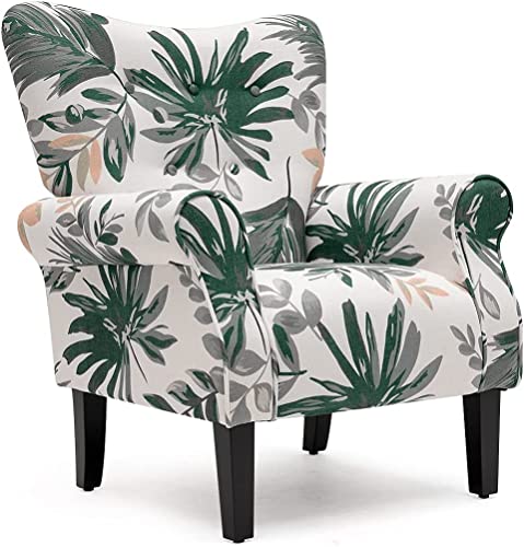 MELLCOM Mid Century Wingback Arm Chair,Modern Upholstered Fabric High Back Accent Chair with Wood Legs,Upholstered Single Sofa Club Chair for Living Room, Bedroom, Home Office, Green Leaves