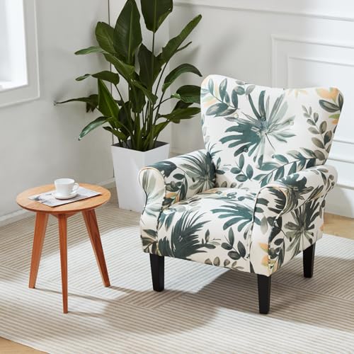 MELLCOM Mid Century Wingback Arm Chair,Modern Upholstered Fabric High Back Accent Chair with Wood Legs,Upholstered Single Sofa Club Chair for Living Room, Bedroom, Home Office, Green Leaves