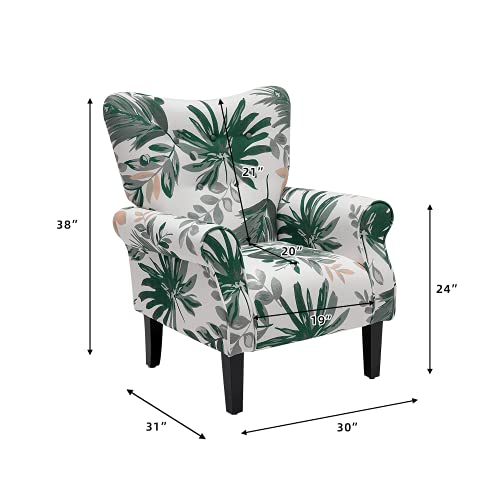 MELLCOM Mid Century Wingback Arm Chair,Modern Upholstered Fabric High Back Accent Chair with Wood Legs,Upholstered Single Sofa Club Chair for Living Room, Bedroom, Home Office, Green Leaves