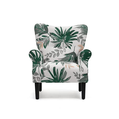 MELLCOM Mid Century Wingback Arm Chair,Modern Upholstered Fabric High Back Accent Chair with Wood Legs,Upholstered Single Sofa Club Chair for Living Room, Bedroom, Home Office, Green Leaves