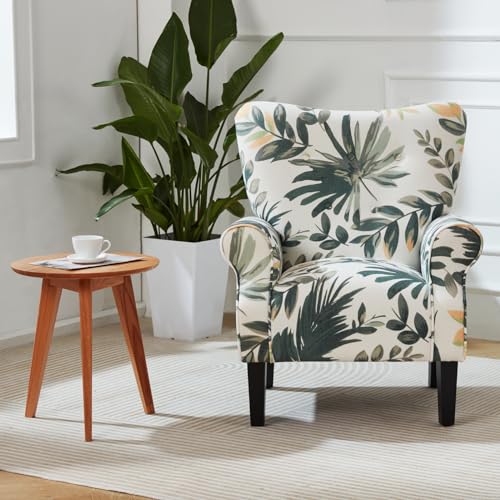 MELLCOM Mid Century Wingback Arm Chair,Modern Upholstered Fabric High Back Accent Chair with Wood Legs,Upholstered Single Sofa Club Chair for Living Room, Bedroom, Home Office, Green Leaves