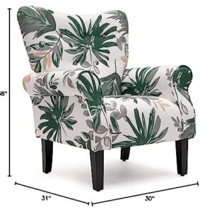 MELLCOM Mid Century Wingback Arm Chair,Modern Upholstered Fabric High Back Accent Chair with Wood Legs,Upholstered Single Sofa Club Chair for Living Room, Bedroom, Home Office, Green Leaves