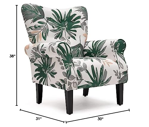 MELLCOM Mid Century Wingback Arm Chair,Modern Upholstered Fabric High Back Accent Chair with Wood Legs,Upholstered Single Sofa Club Chair for Living Room, Bedroom, Home Office, Green Leaves