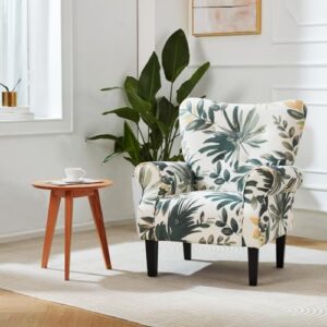 MELLCOM Mid Century Wingback Arm Chair,Modern Upholstered Fabric High Back Accent Chair with Wood Legs,Upholstered Single Sofa Club Chair for Living Room, Bedroom, Home Office, Green Leaves