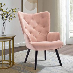 dolonm velvet accent chair modern tufted button wingback vanity chair with arms upholstered tall back desk chair with solid wood legs for living room bedroom waiting room(dusty pink)