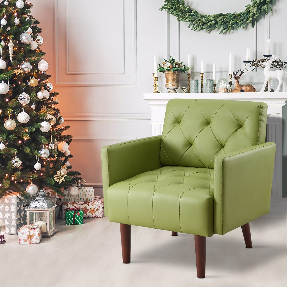 Hdxdkog Green Leather Accent Chair Comfy Upholstered Living Room Arm Chair Single Reading Sofa Chairs for Bedroom Office Small Spaces Waiting Room Furniture (Green, 29.1" x 25.6" x 31.1")