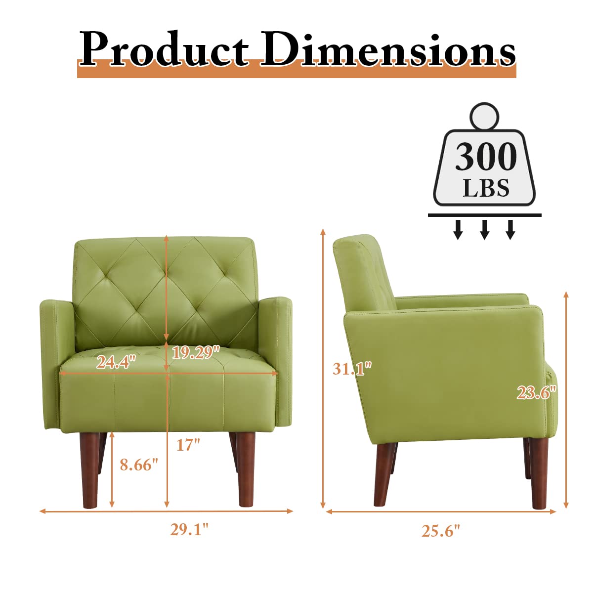 Hdxdkog Green Leather Accent Chair Comfy Upholstered Living Room Arm Chair Single Reading Sofa Chairs for Bedroom Office Small Spaces Waiting Room Furniture (Green, 29.1" x 25.6" x 31.1")