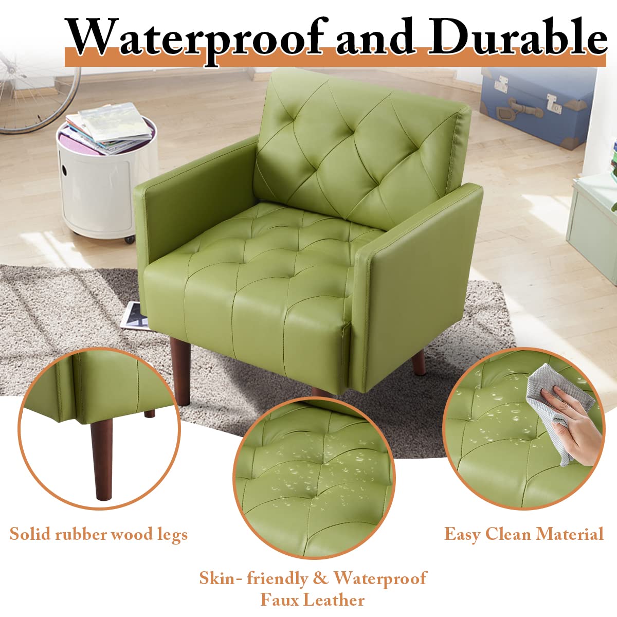 Hdxdkog Green Leather Accent Chair Comfy Upholstered Living Room Arm Chair Single Reading Sofa Chairs for Bedroom Office Small Spaces Waiting Room Furniture (Green, 29.1" x 25.6" x 31.1")