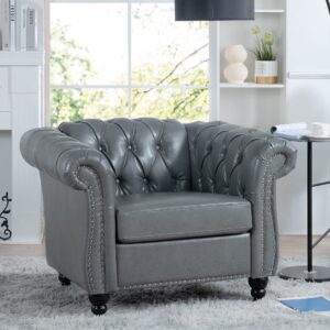 dvasovio accent chair, modern chesterfield chair leather upholstered single sofa with tufted back for living room furniture (grey)