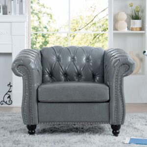 Dvasovio Accent Chair, Modern Chesterfield Chair Leather Upholstered Single Sofa with Tufted Back for Living Room Furniture (Grey)