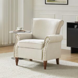 hulala home modern accent chair with wooden legs & nailhead trim, small fabric club chair, comfy upholstered armchair lounge chair for bedroom living room single sofa(ivory)