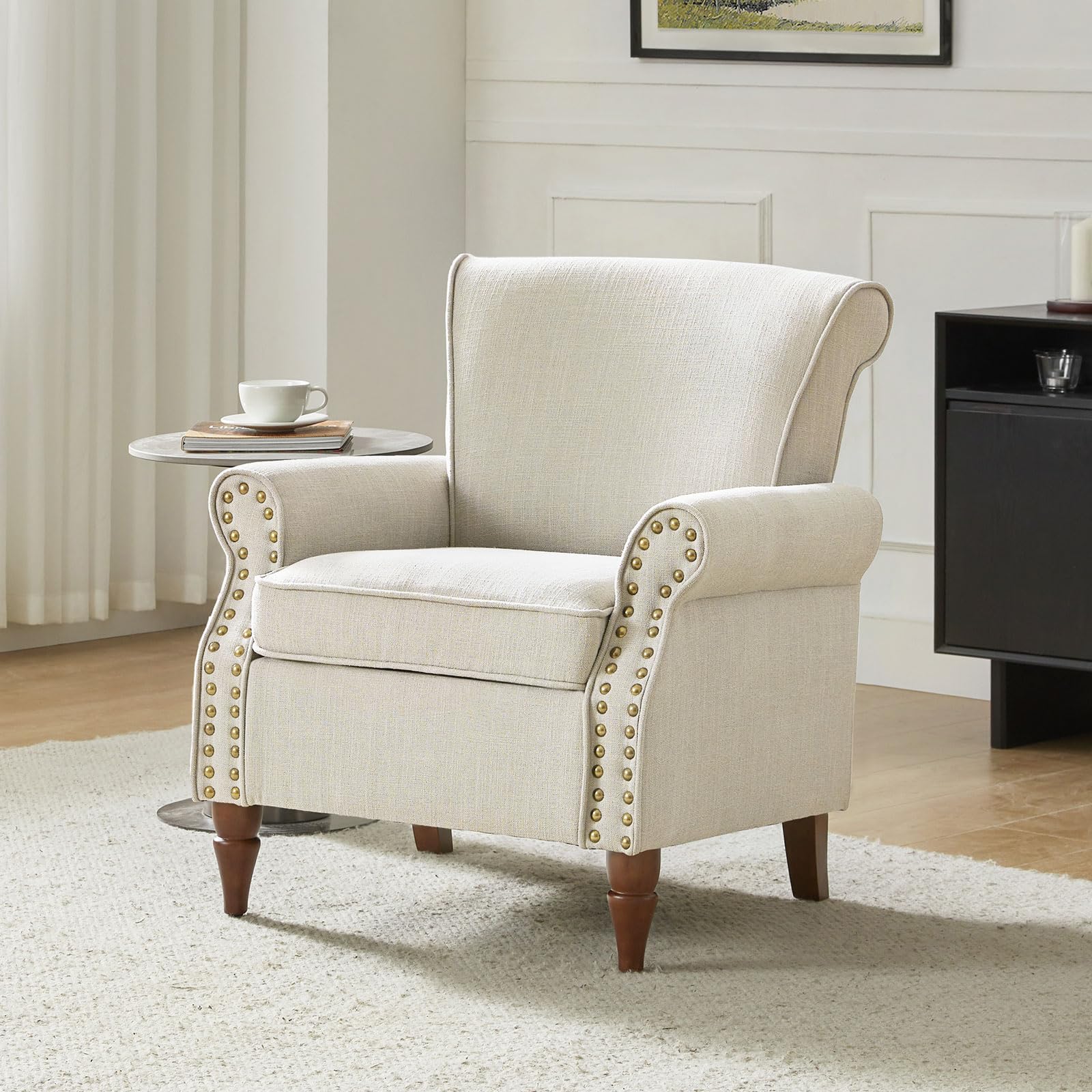 HULALA HOME Modern Accent Chair with Wooden Legs & Nailhead Trim, Small Fabric Club Chair, Comfy Upholstered Armchair Lounge Chair for Bedroom Living Room Single Sofa(Ivory)