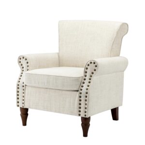 HULALA HOME Modern Accent Chair with Wooden Legs & Nailhead Trim, Small Fabric Club Chair, Comfy Upholstered Armchair Lounge Chair for Bedroom Living Room Single Sofa(Ivory)