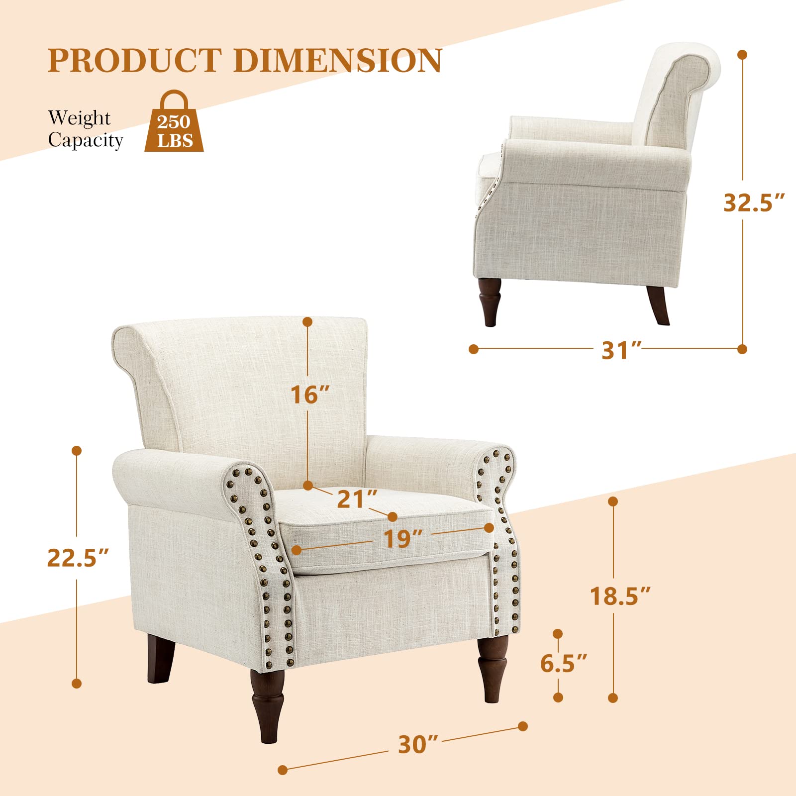 HULALA HOME Modern Accent Chair with Wooden Legs & Nailhead Trim, Small Fabric Club Chair, Comfy Upholstered Armchair Lounge Chair for Bedroom Living Room Single Sofa(Ivory)