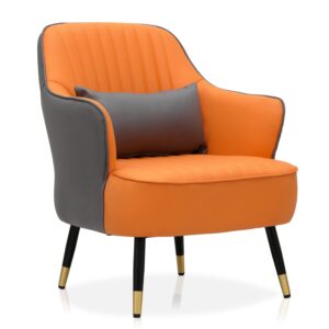 monibloom accent chair for living room with lumbar pillow, leatheraire comfy bedroom chair occasional chair single lounge sofa, orange/gray contrasting colors upholstered club chair w/metal legs